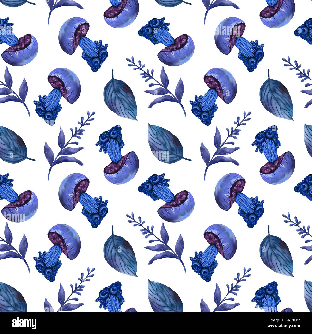 Blue mushrooms and plant. Seamless pattern for halloween and esoteric ...