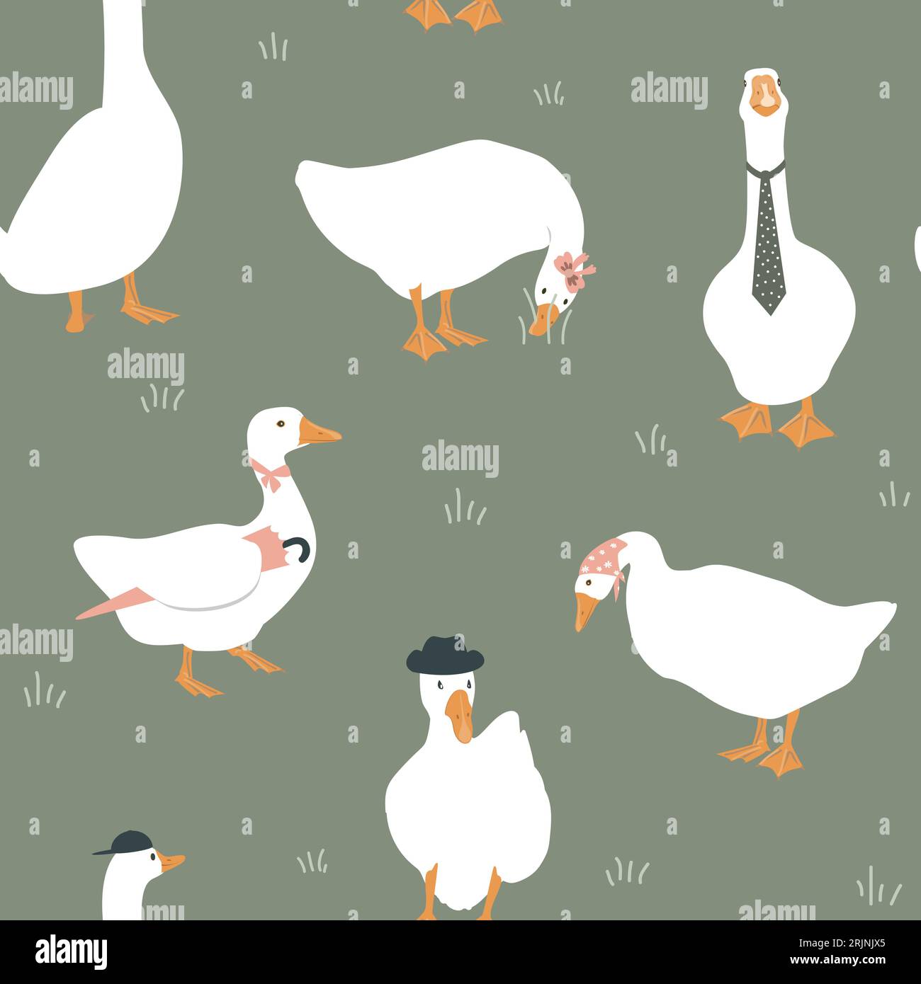 Cute dressed geese seamless pattern. Goose in a hat, tie, scarf, and ...