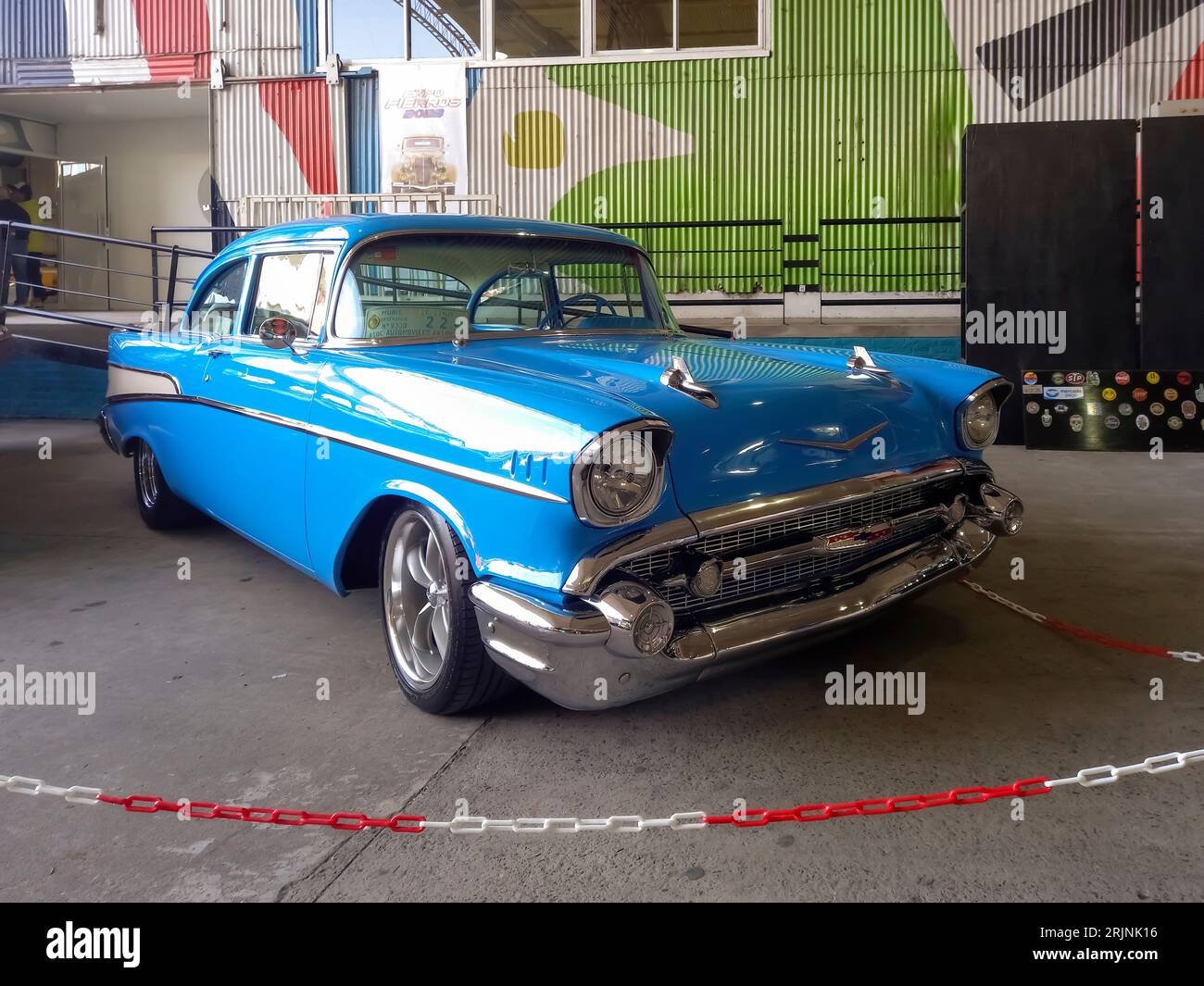 Old sky blue 1957 Chevrolet Chevy Bel Air sport sedan two-door on a ...