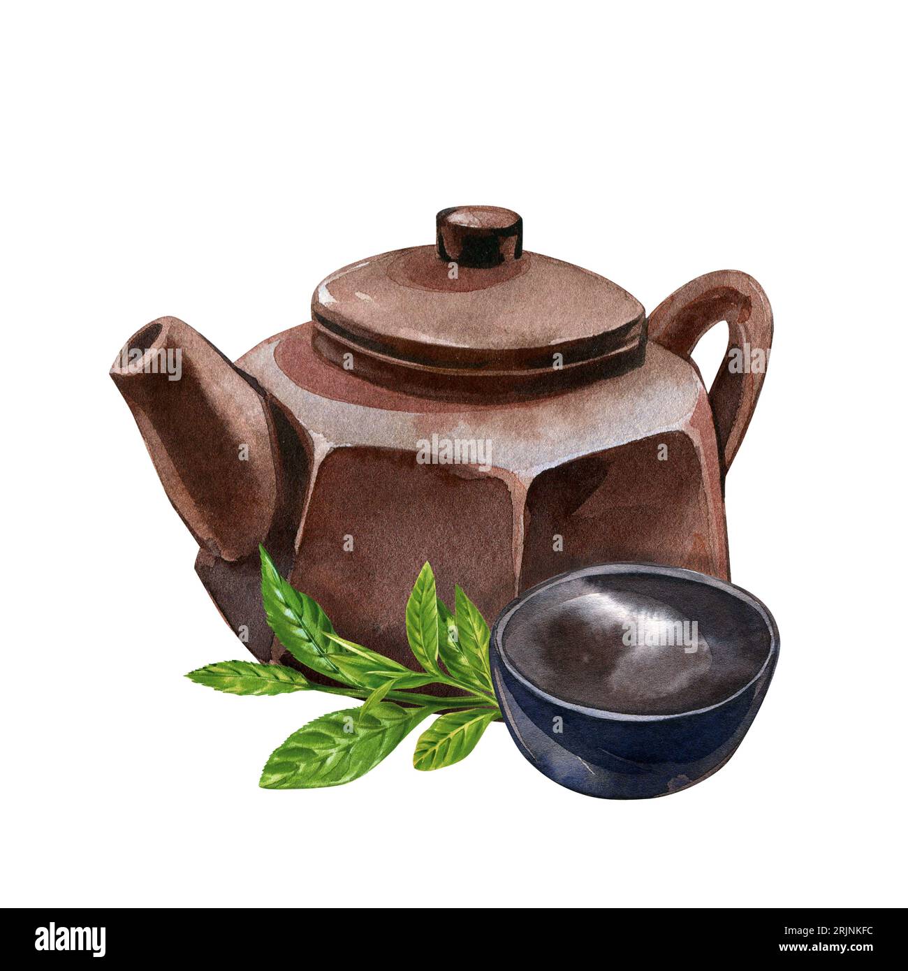 Asian teapot ceramic brown clay, bowl and branch tea plant isolated on ...