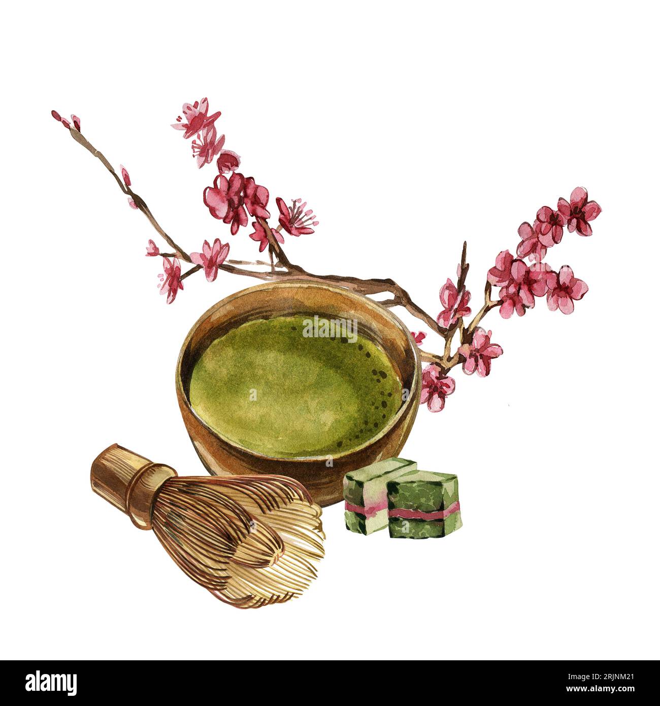 Bowl, pressed tea squares, bamboo whisk, sakura branch with flowers ...