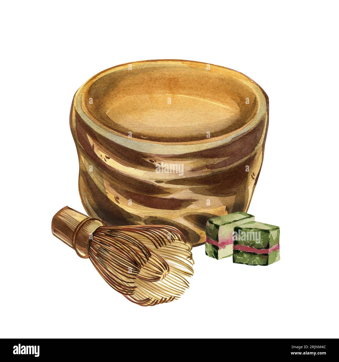 Empty chawan bowl, pressed tea squares, bamboo whisk isolated on white ...
