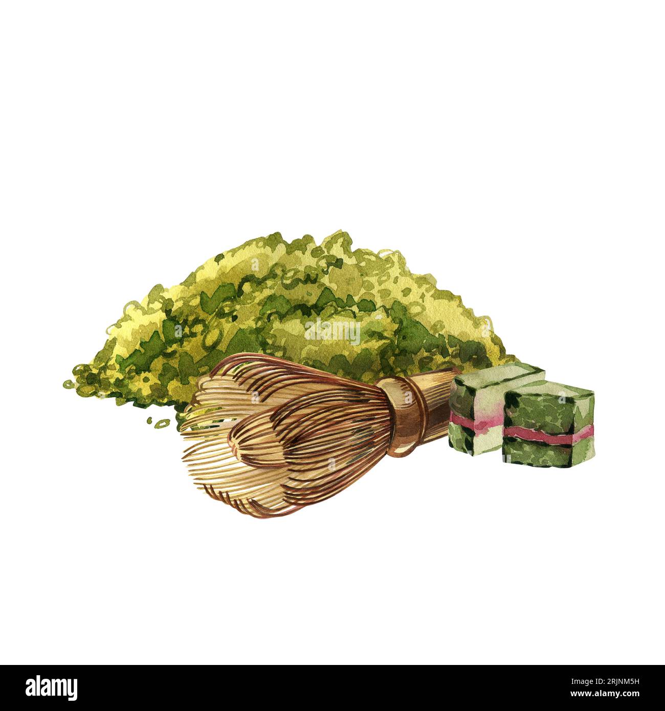 Heap matcha powder, pressed tea squares, bamboo whisk isolated on white ...