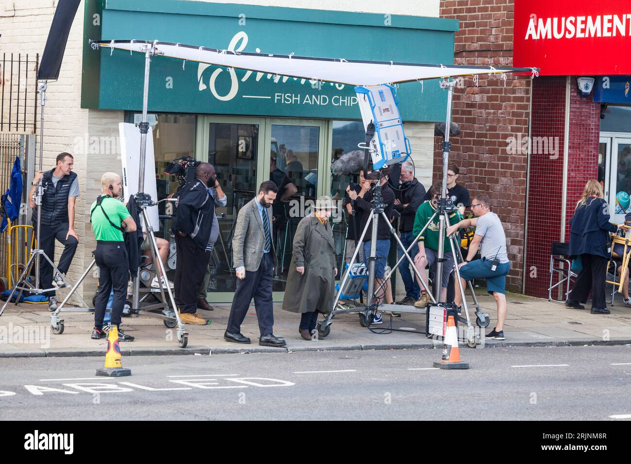 Redcar,UK. 23rd August 2023.Filming taking place at a fish shop on the ...