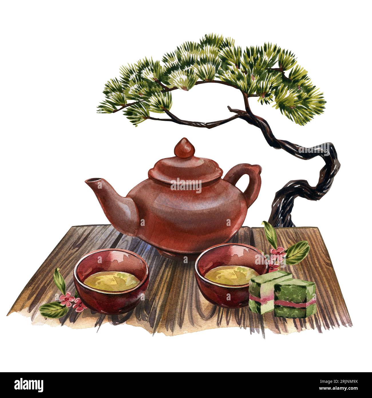 Asian teapot ceramic, bowl on wooden board table with bonsai tree ...