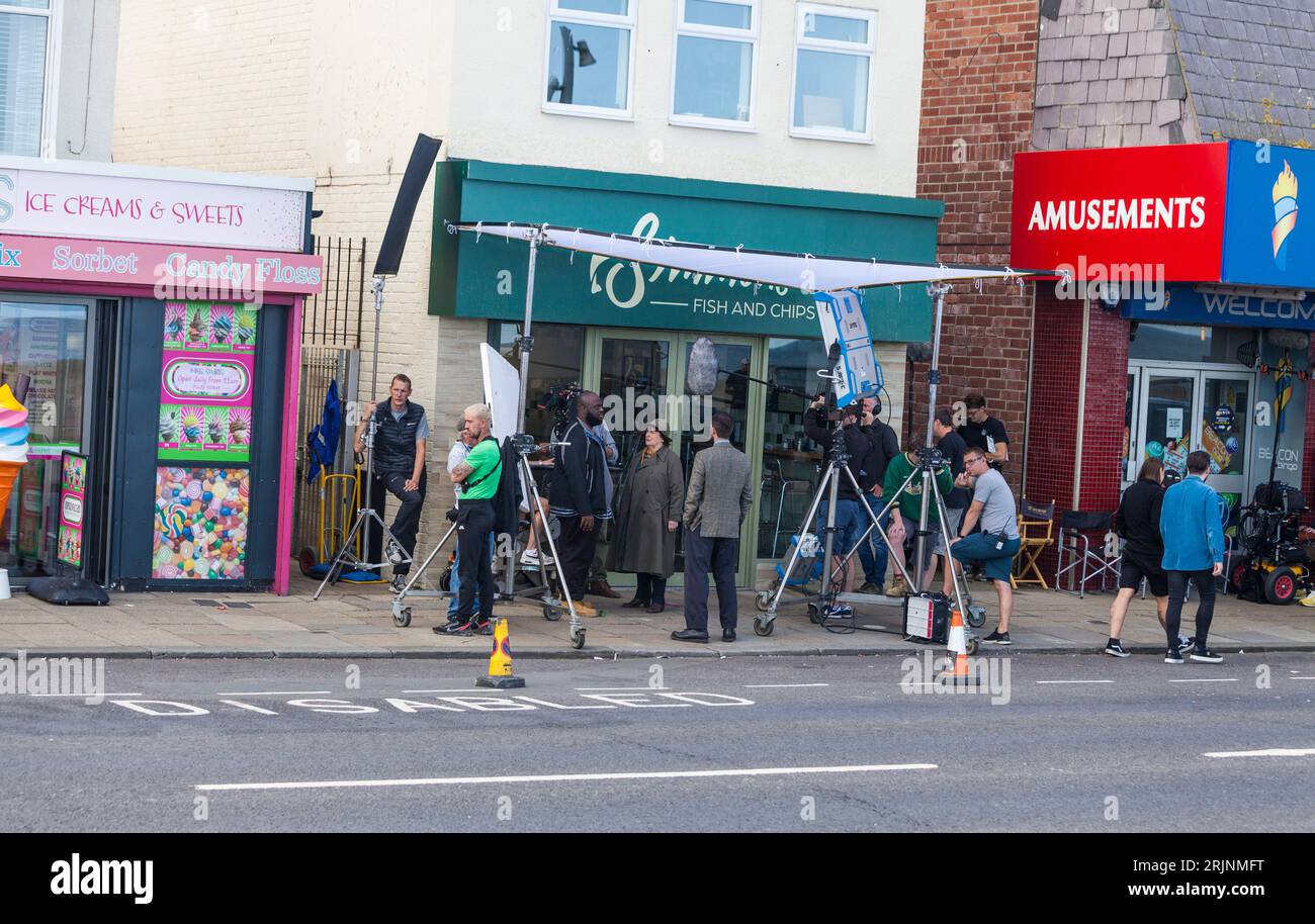 Redcar,UK. 23rd August 2023.Filming taking place at a fish shop on the ...