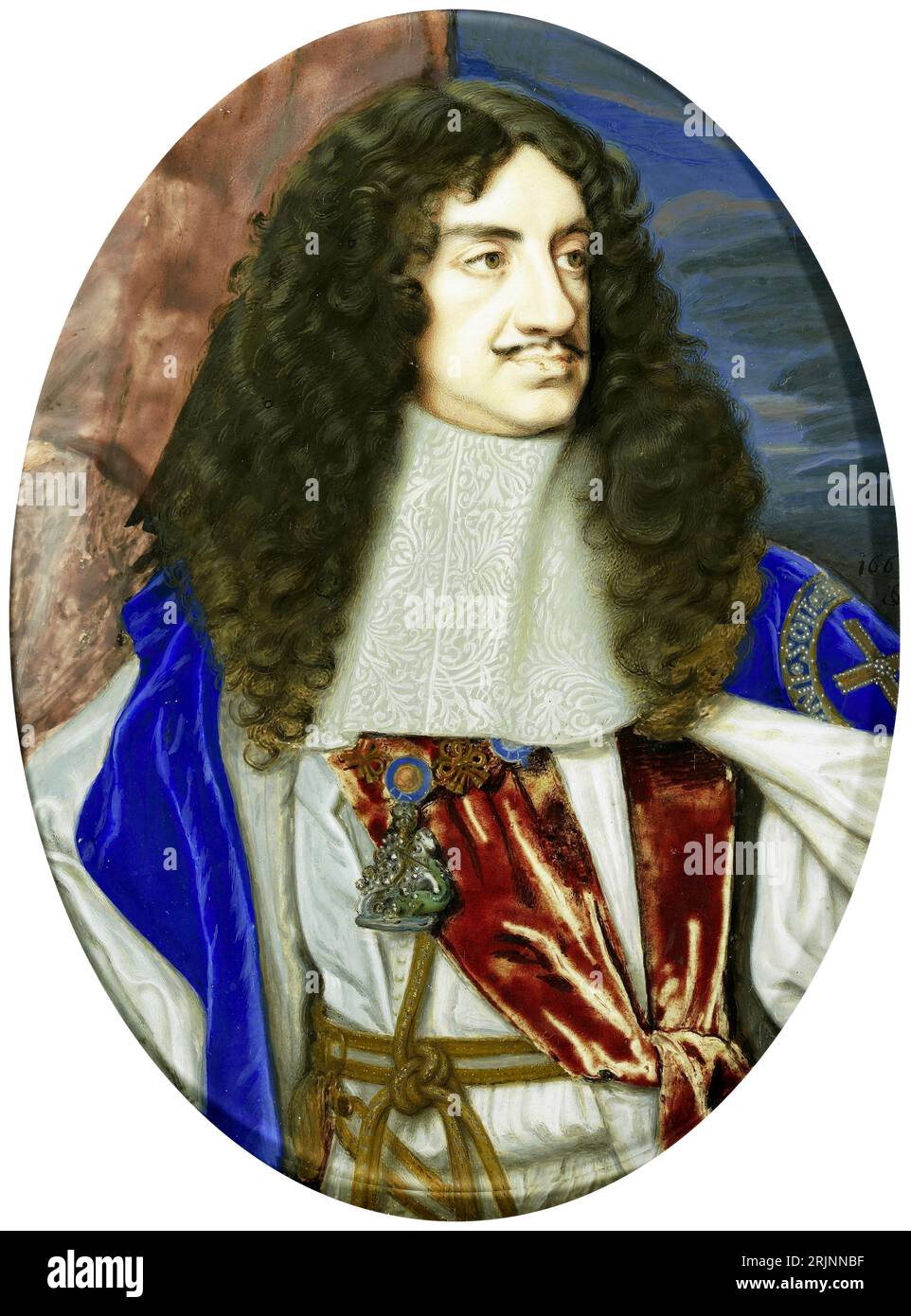 King Charles II (1630-1685) in royal robes, portrait miniature painting by Samuel Cooper, 1665 ...