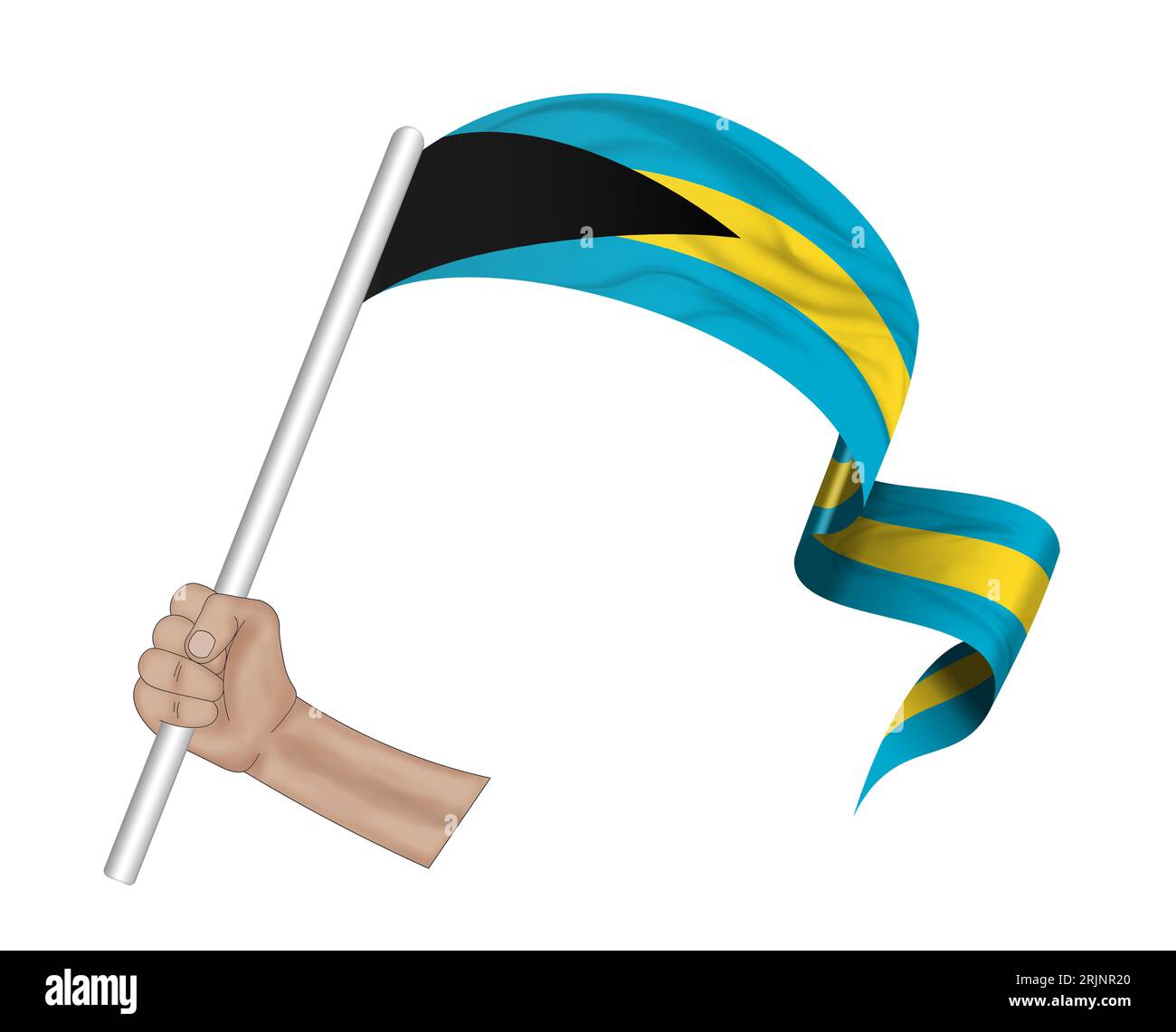 3D illustration. Hand holding flag of Bahamas on a fabric ribbon ...