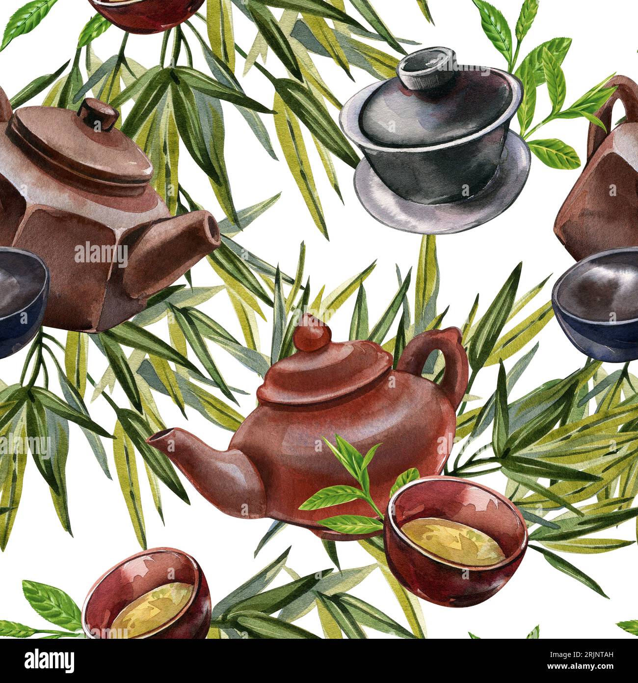 Seamless pattern asian teapot ceramic, bowl, tea, bamboo isolated on ...