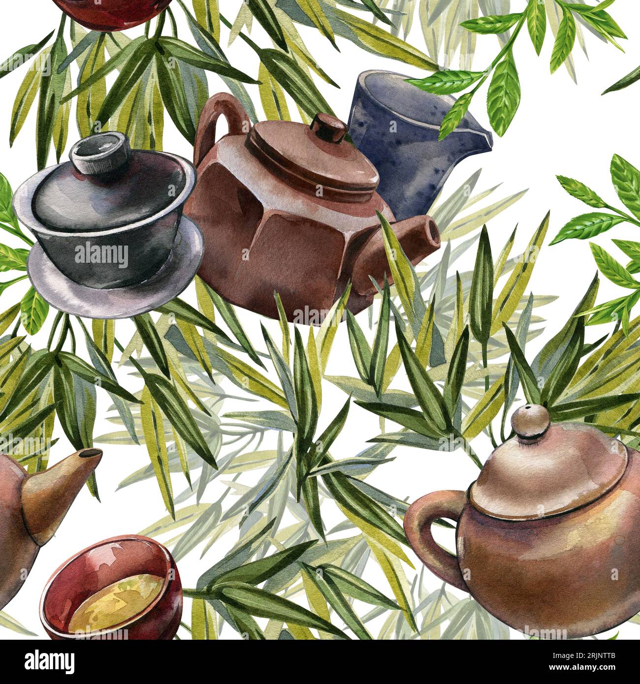 Seamless pattern asian teapot ceramic, bowl, tea, bamboo isolated on ...