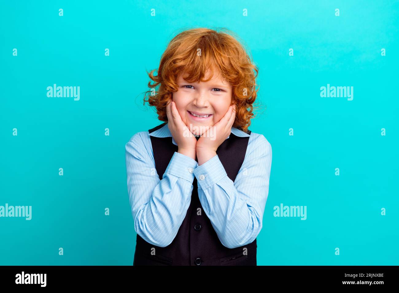 Portrait of adorable friendly schoolkid beaming smile hands touch ...