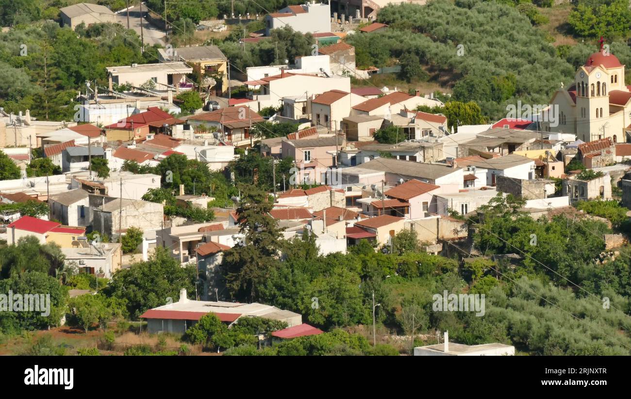 An aerial view of the town of Elounda in Crete, Greece with a stunning ...