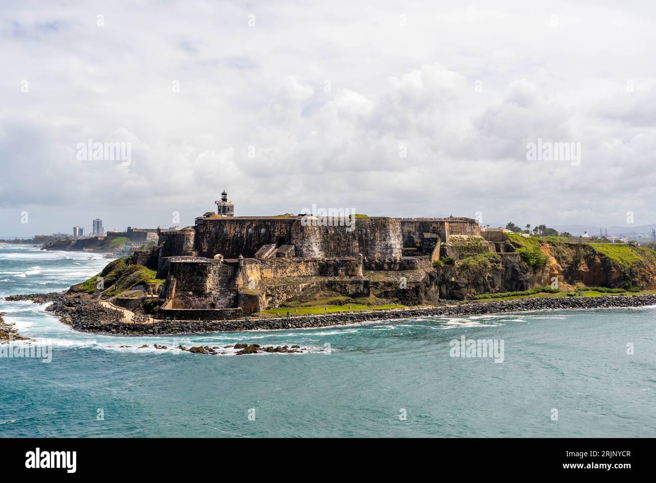 A stunning aerial view of the coast of Fortaleo Island in Puerto Rico ...