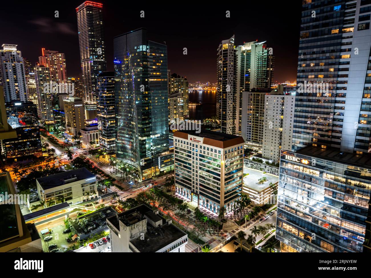 Aerial view of the Miami, Florida skyline at night, featuring the ...