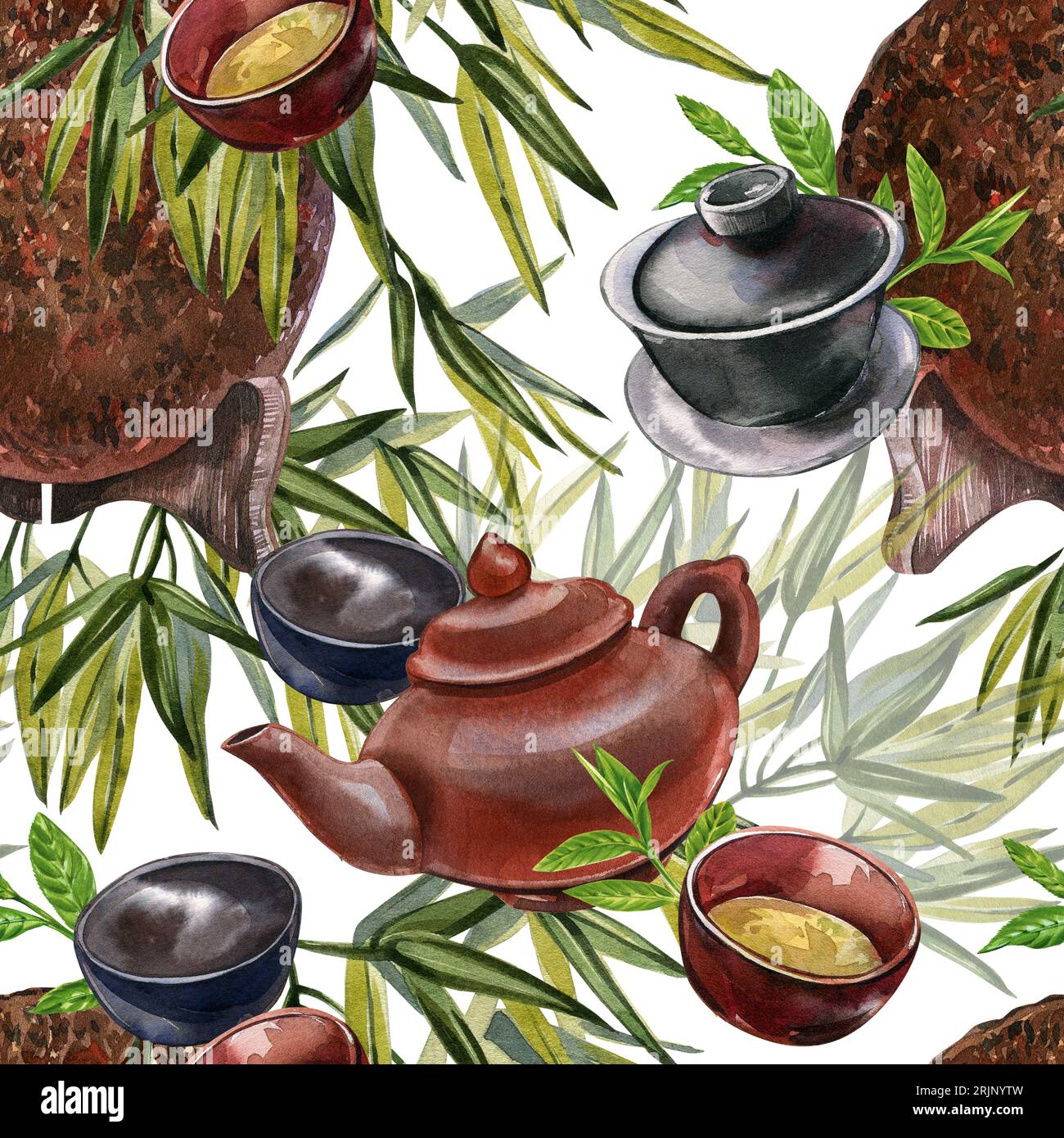 Seamless pattern asian teapot ceramic, bowl, puerh tea, bamboo plant ...