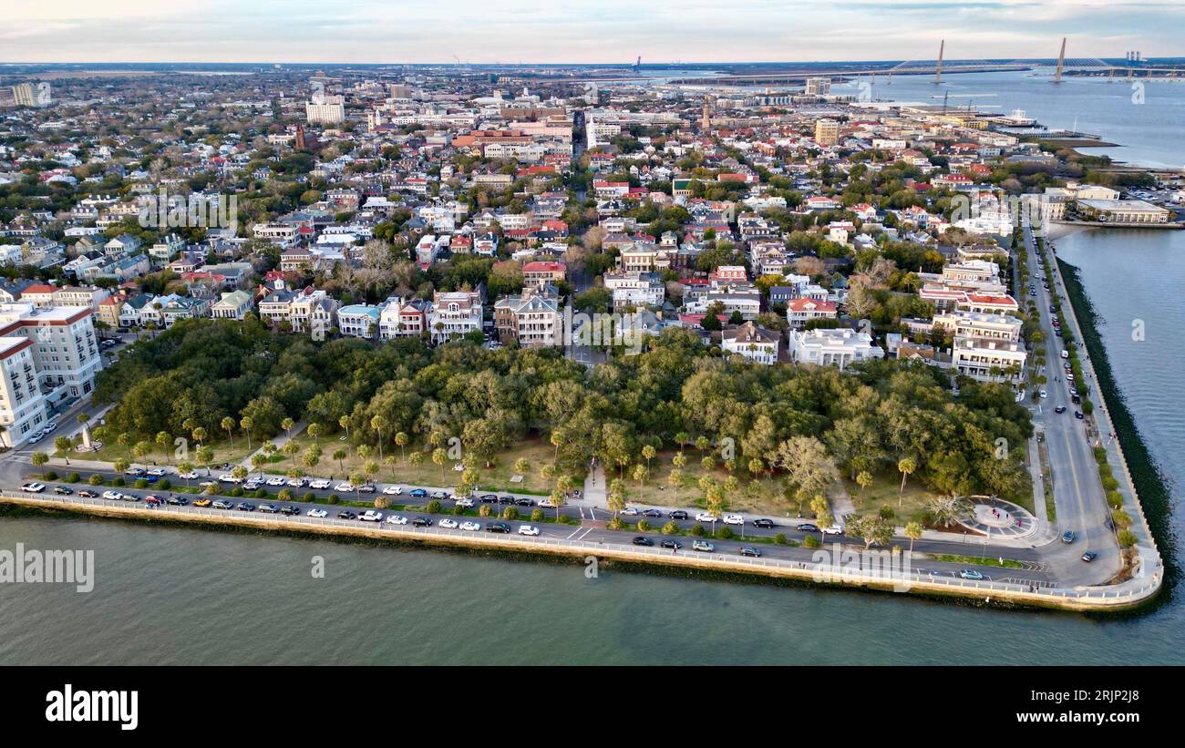 An aerial view of the bay front in Charleston, South Carolina, with ...