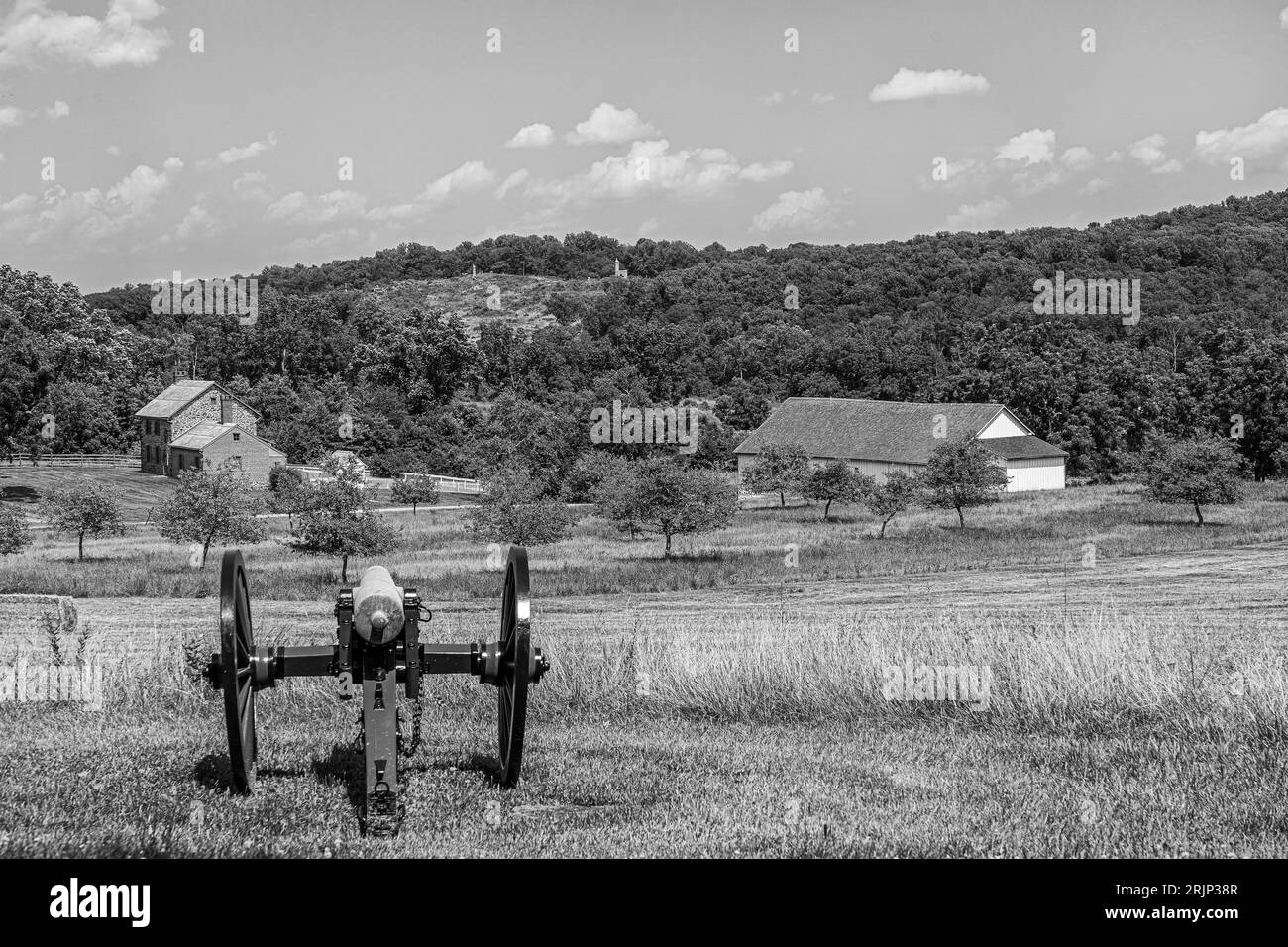 A monochrome view of a vintage cannon positioned around residential ...
