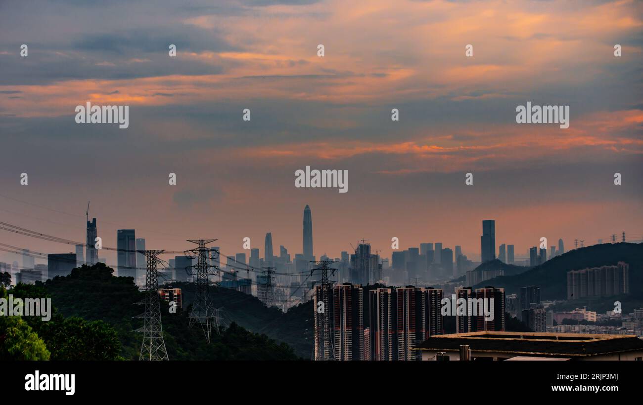 A stunning aerial view of a bustling urban cityscape with electrical ...