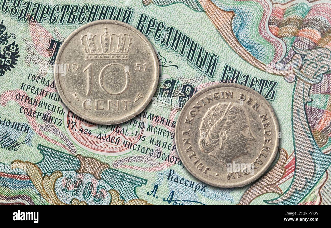 A macro image of a Netherlands 10 cent coin, closeup shot, with the ...