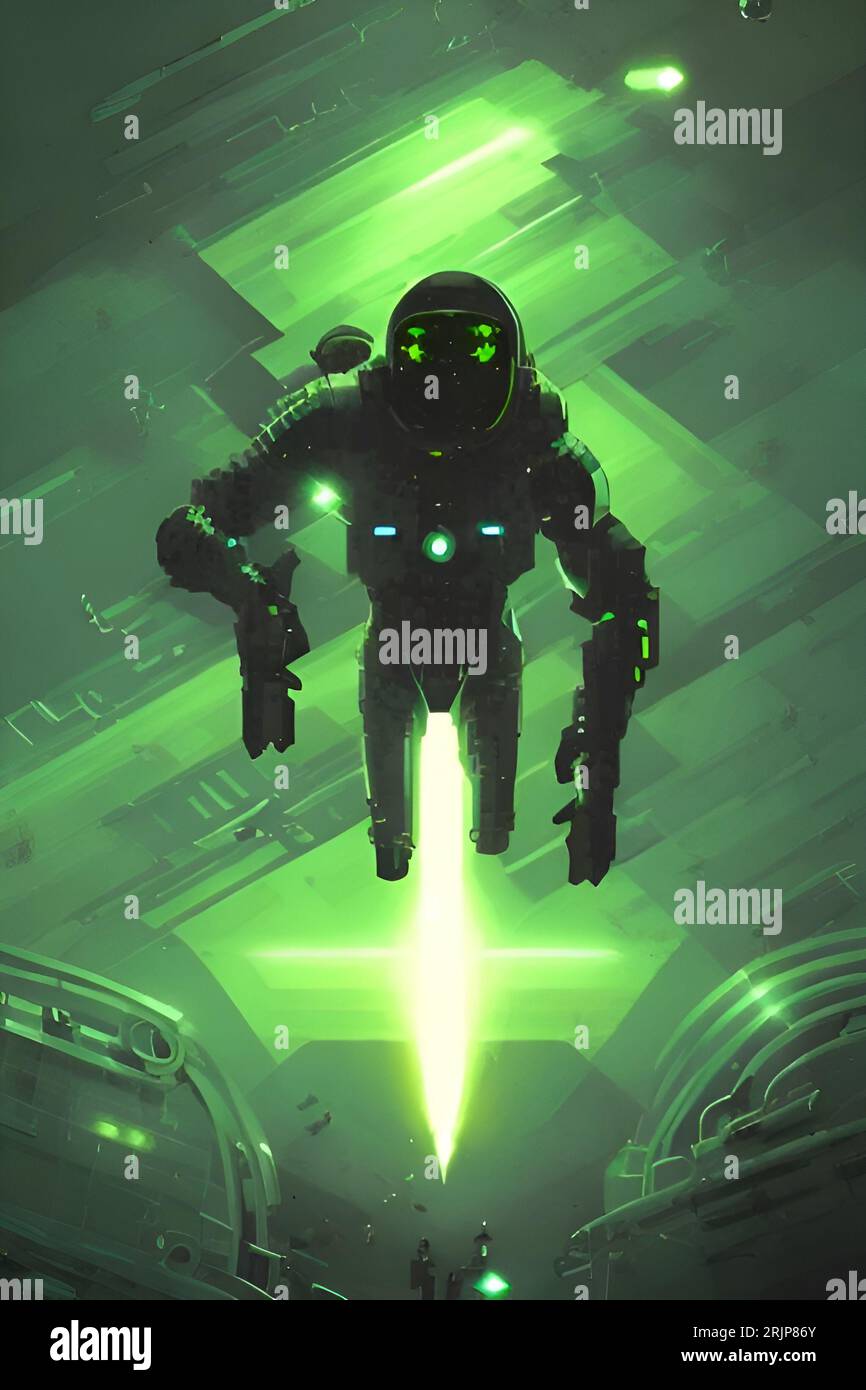 A person in futuristic attire stands illuminated in a green light Stock ...