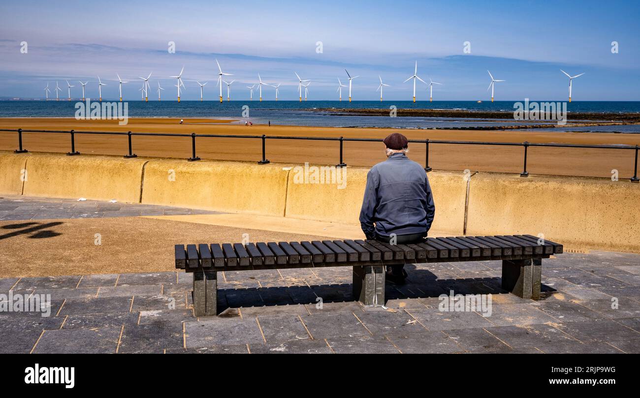 Man sitting on bench-seat at seafront Stock Photo - Alamy