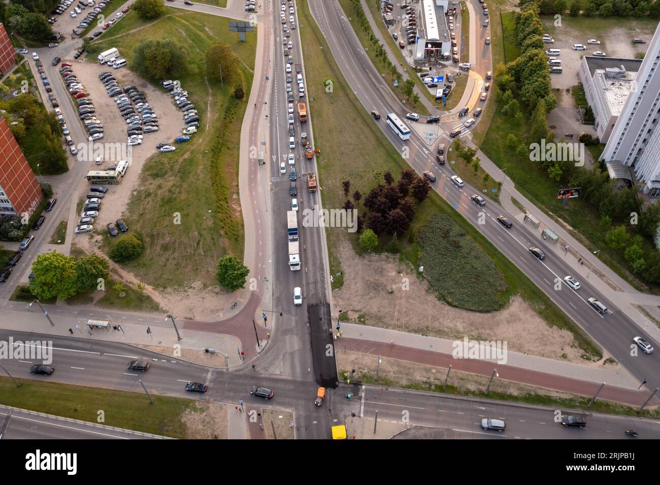 Drone photography of traffic jam caused by a road being repaired during ...