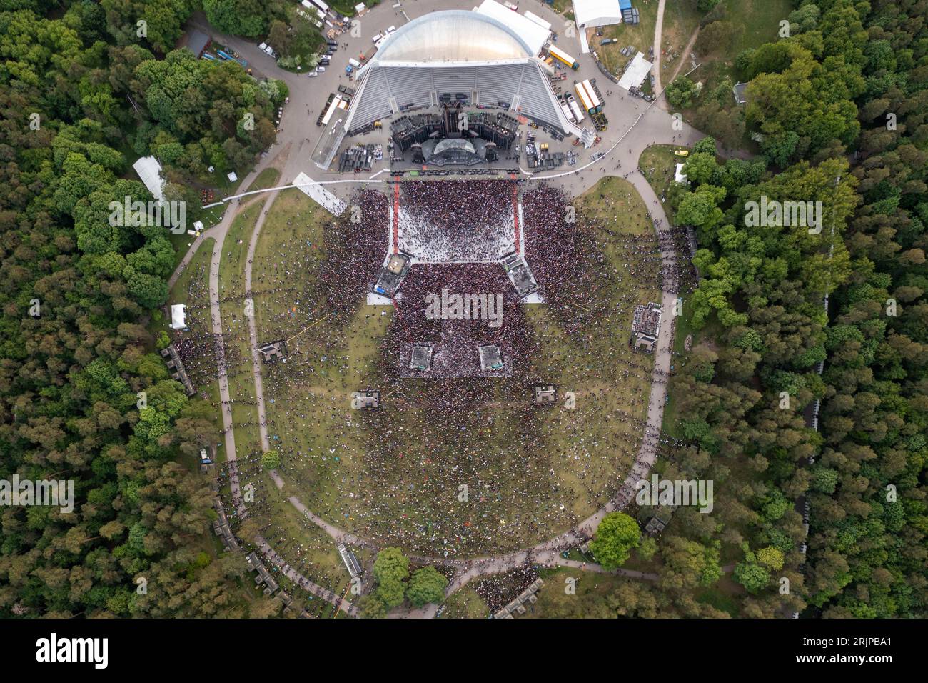 Drone photography of big outdoor concert in a park during summer ...