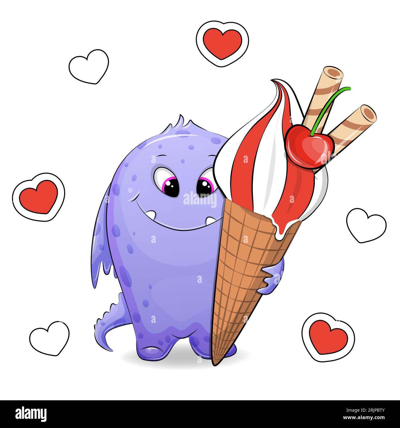 Cute cartoon monster with big ice cream. Summer animal vector ...