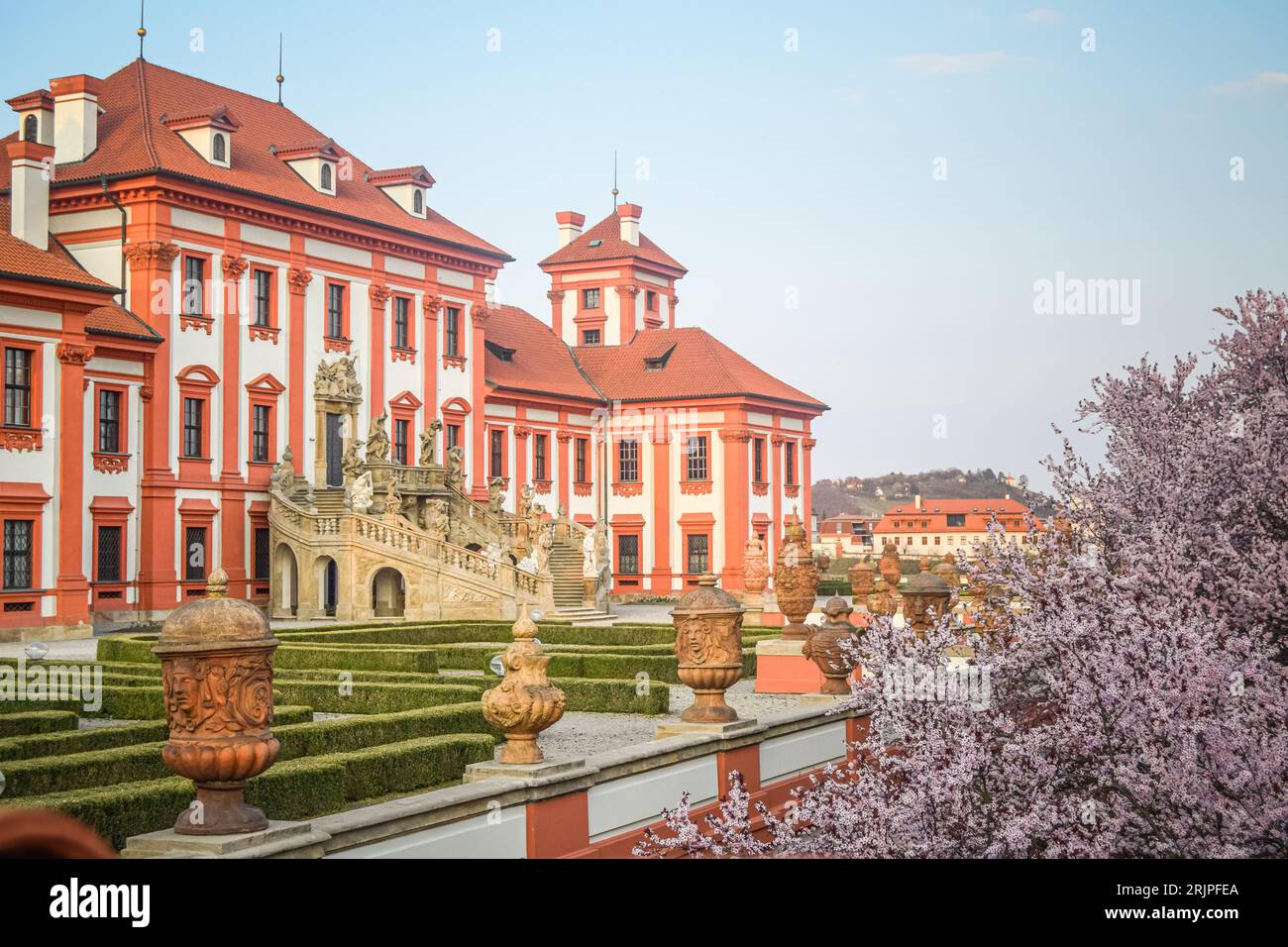 Staircase of Troja Castle from the left and sakura tree, Prague, Czech ...