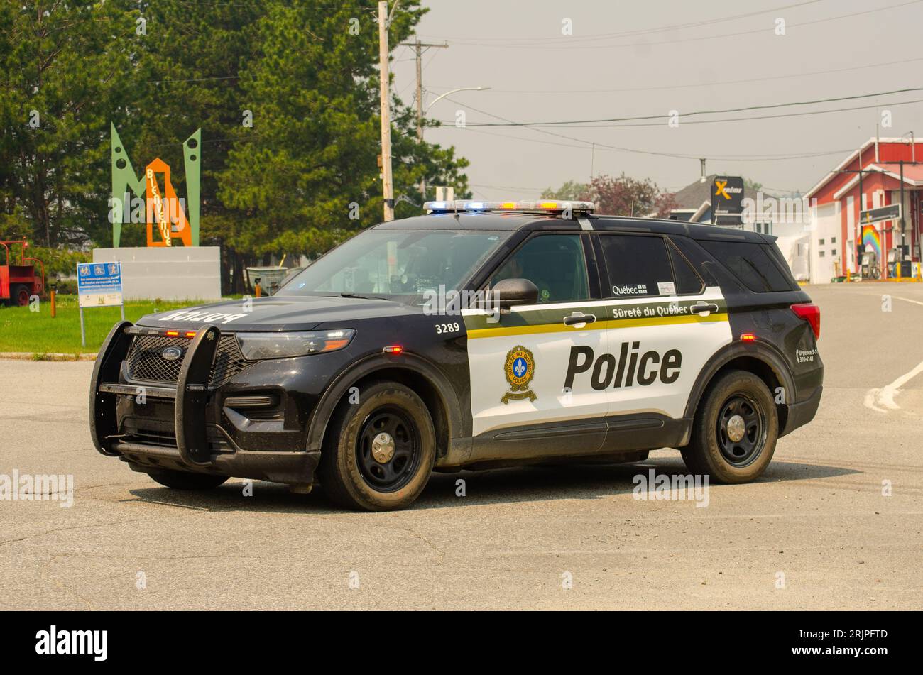 A police car parked on a city street with trees in the background Stock ...