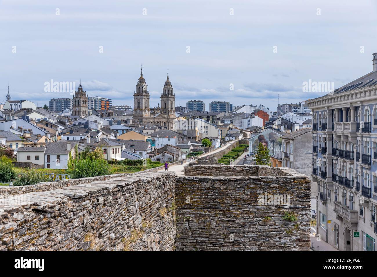 Lugo, Spain: 20 August, 2023: View of the Lugo and Roman city walls and ...