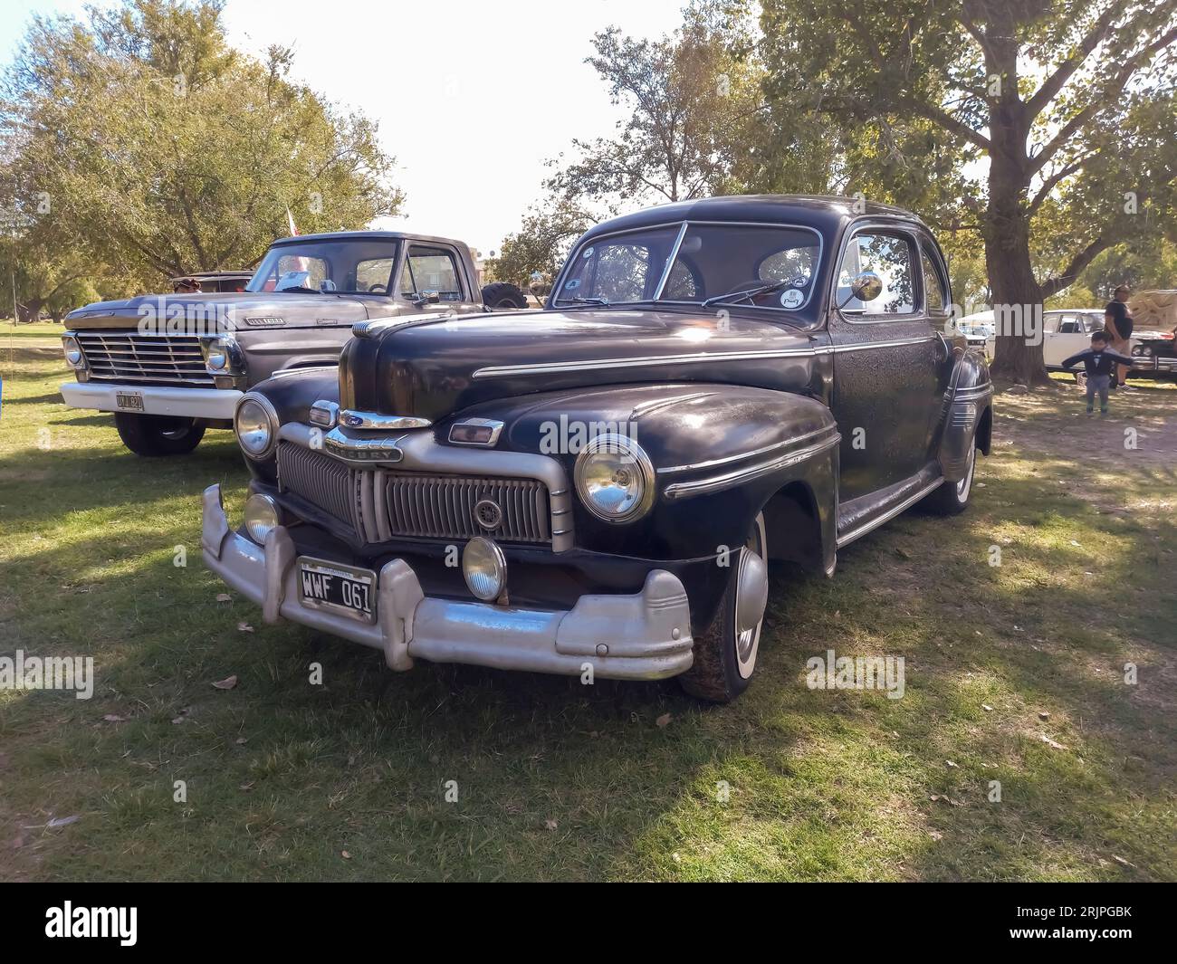Old black 1948 Ford Mercury Eight V8 coupe two door in a park. Nature ...