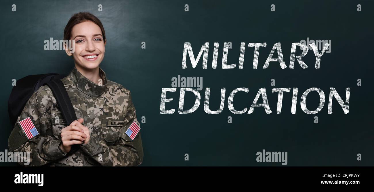 Military education. Cadet with backpack near green chalkboard Stock ...