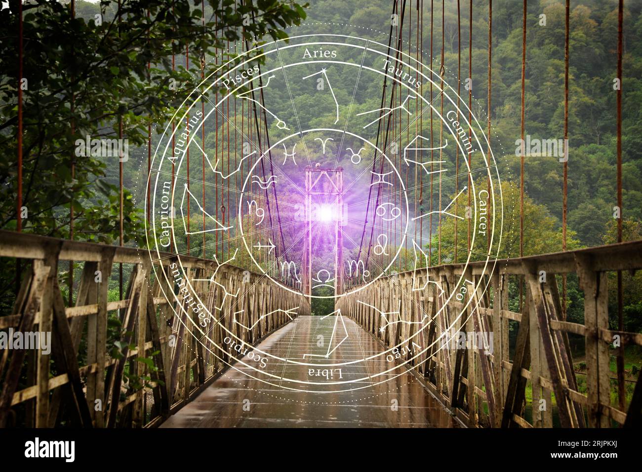 Zodiac wheel and beautiful view on metal bridge over river in mountains ...