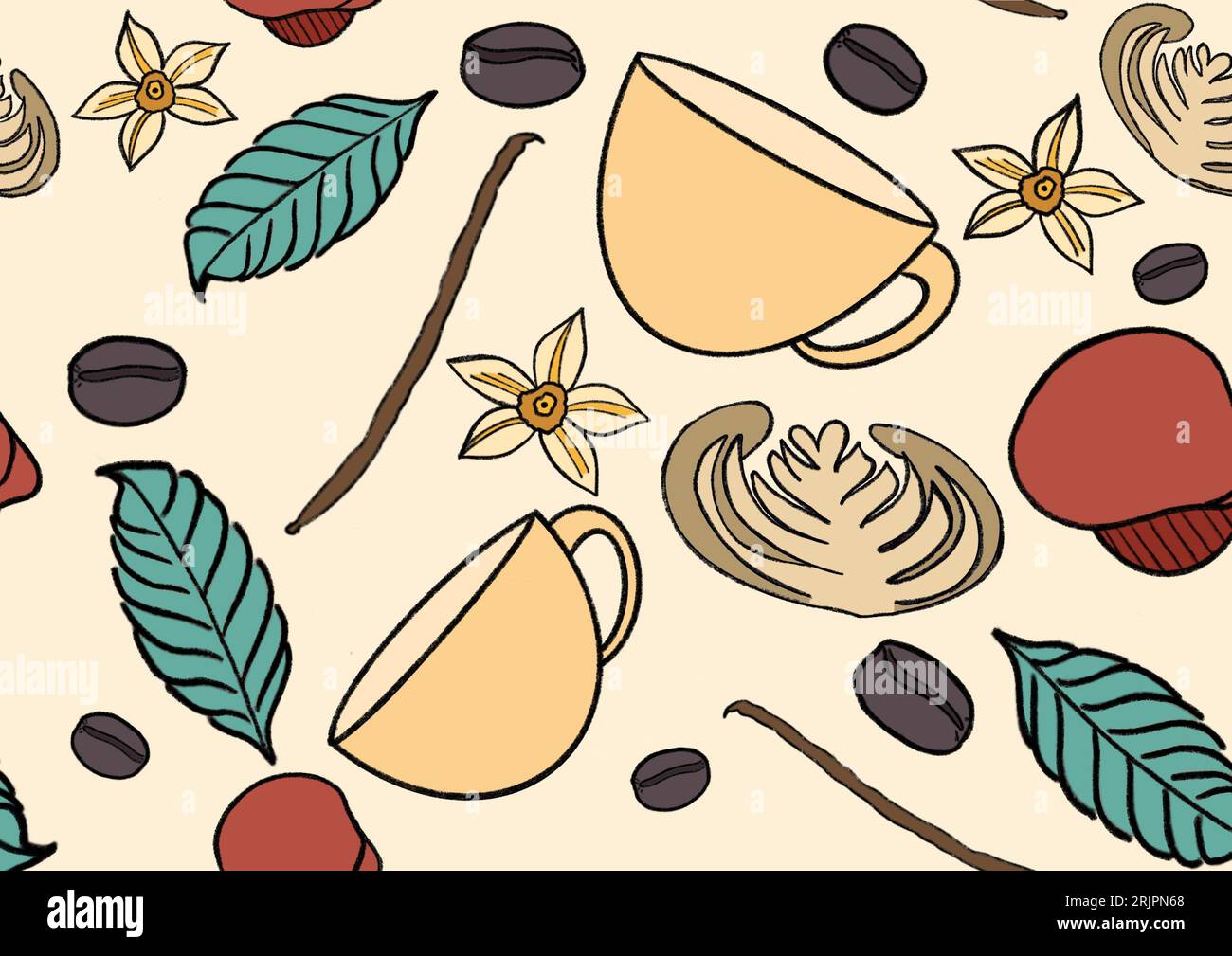 A detailed seamless illustration of a coffee-themed background Stock ...