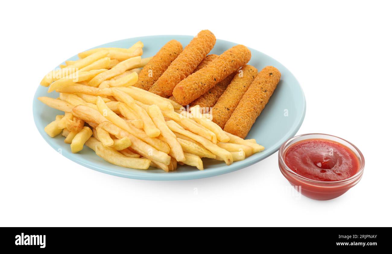 Tasty french fries, cheese sticks and ketchup on white background Stock ...