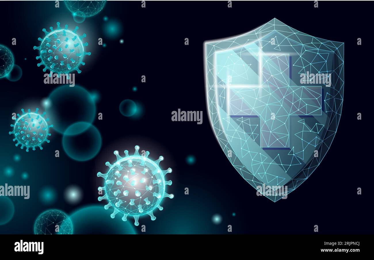 Virus cell low poly structure and sfety shield. Disease infection ...