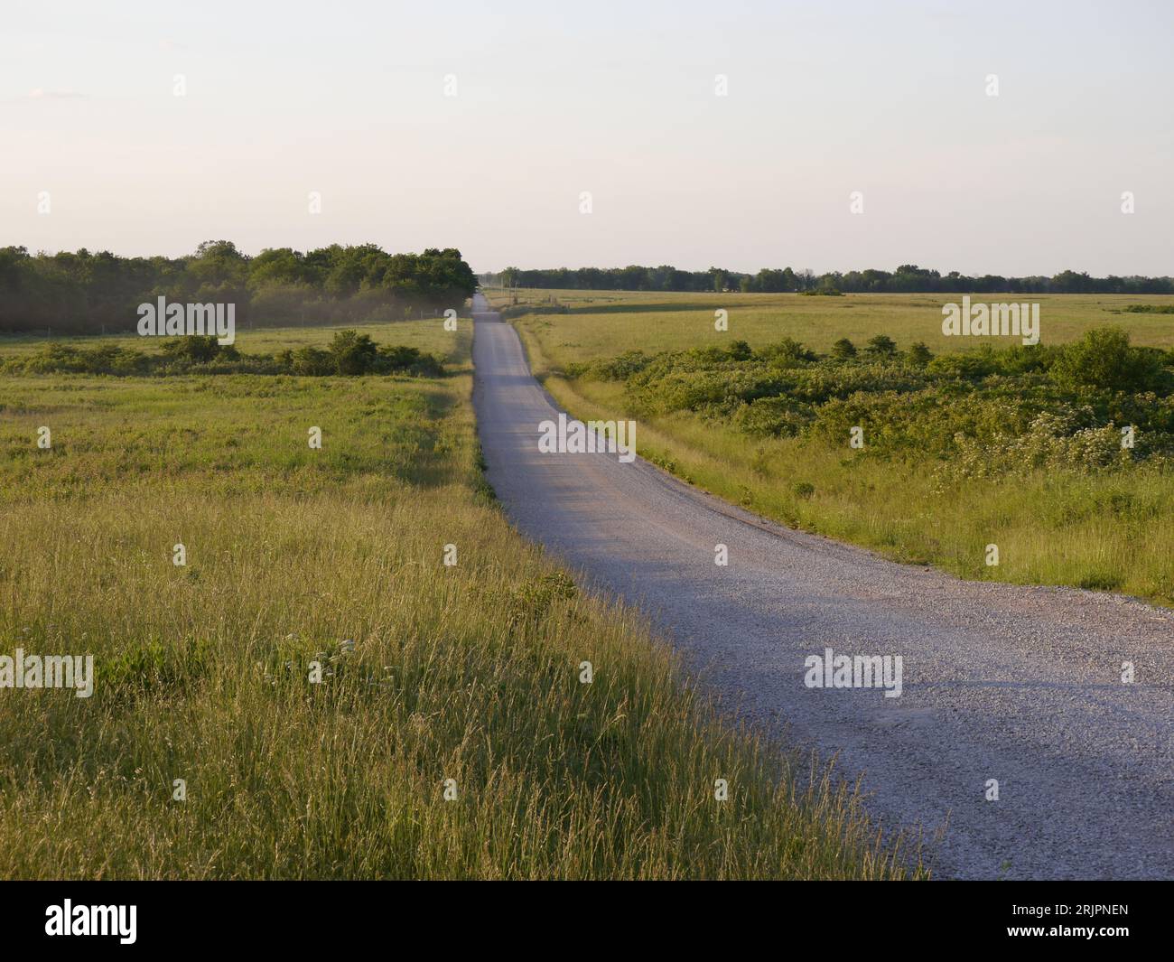 A long, straight road stretches across a vast, open field. Prairie ...