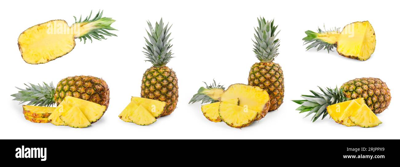 Set with cut and whole pineapples isolated on white Stock Photo - Alamy