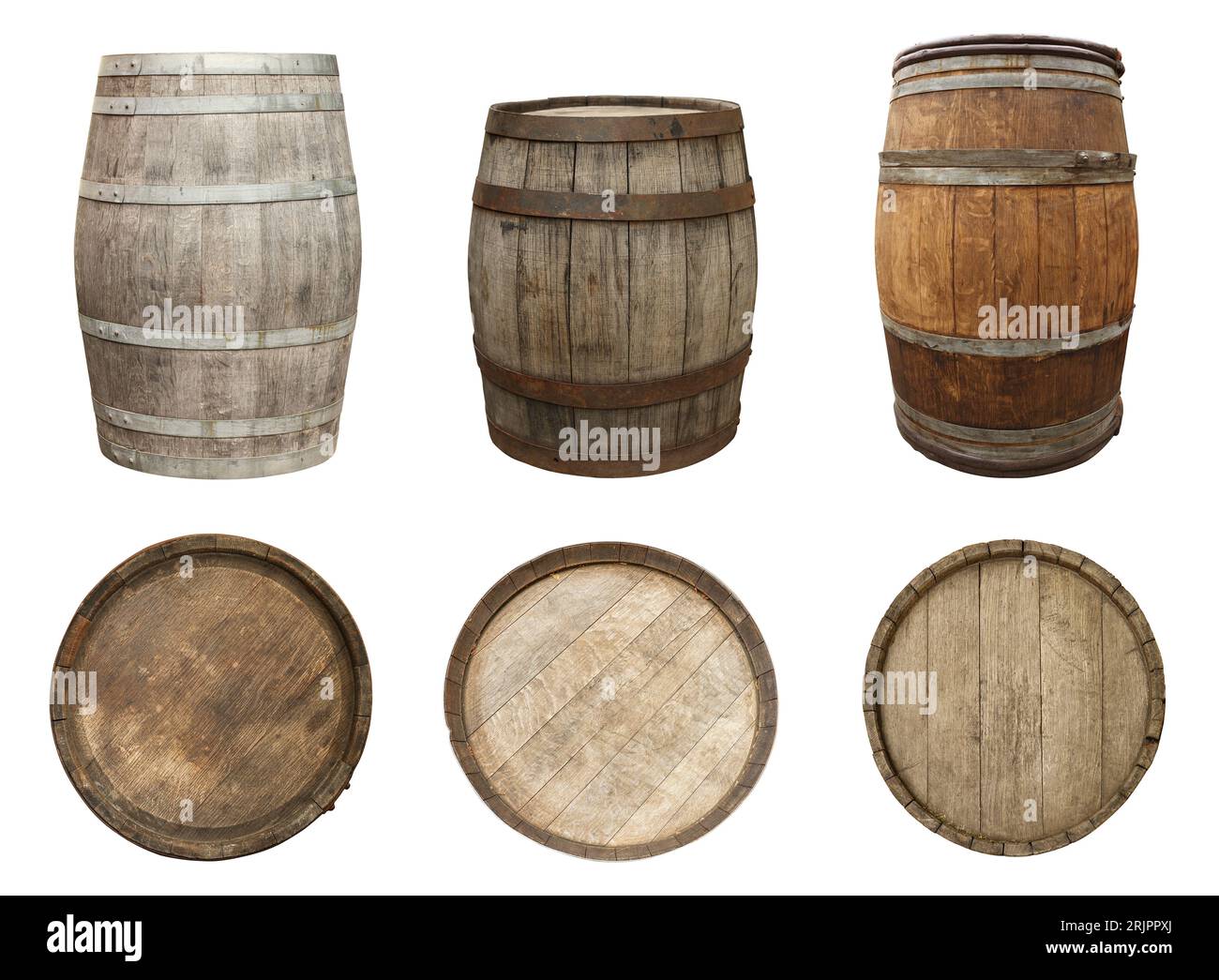 Different wooden barrels isolated on white, top and side views. Collage ...