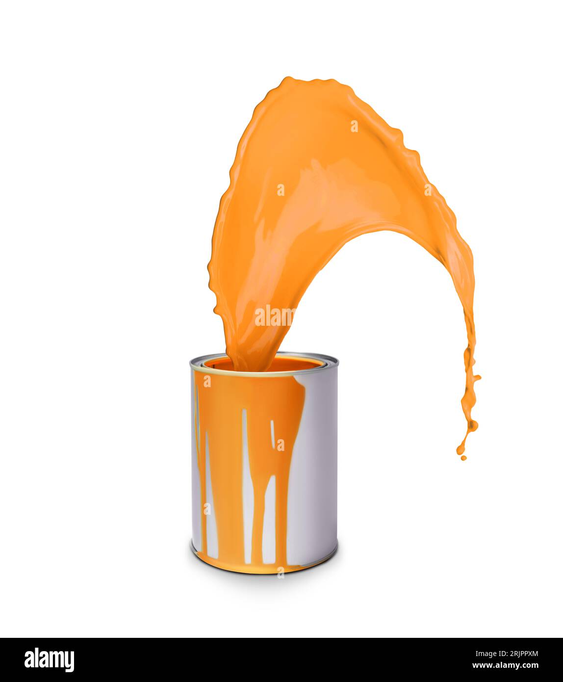 Can with splashing orange paint isolated on white Stock Photo - Alamy