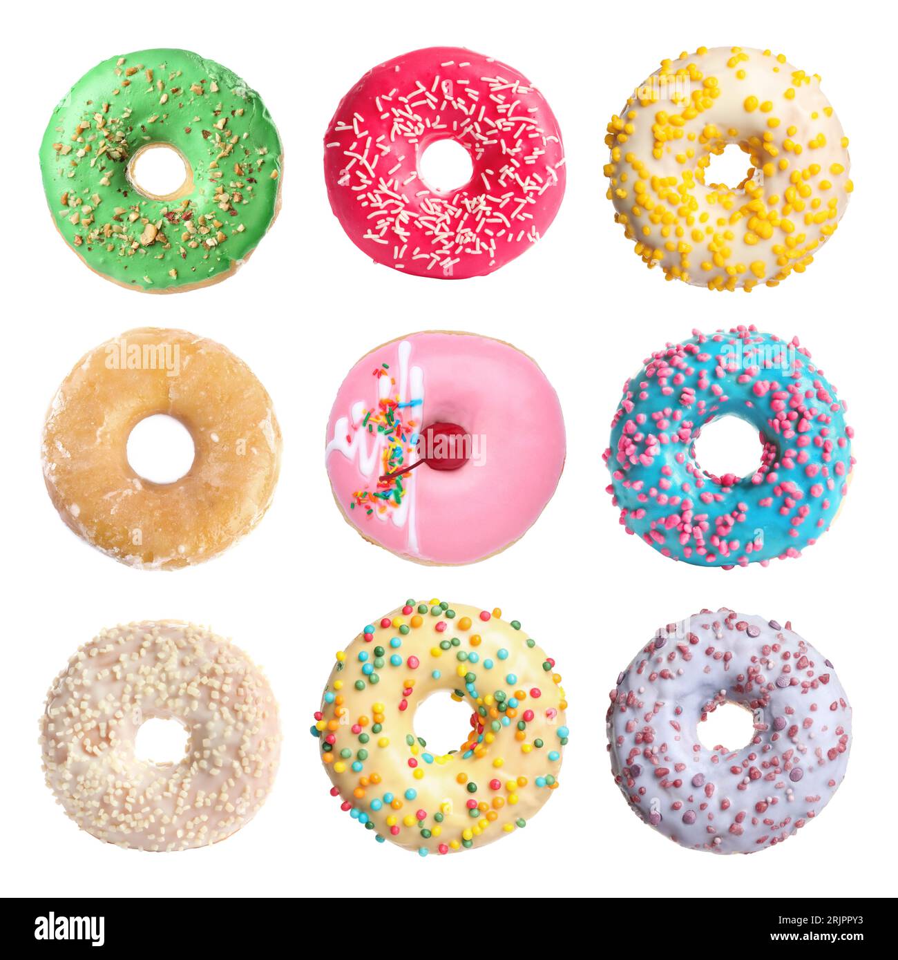 Set with yummy donuts isolated on white Stock Photo - Alamy