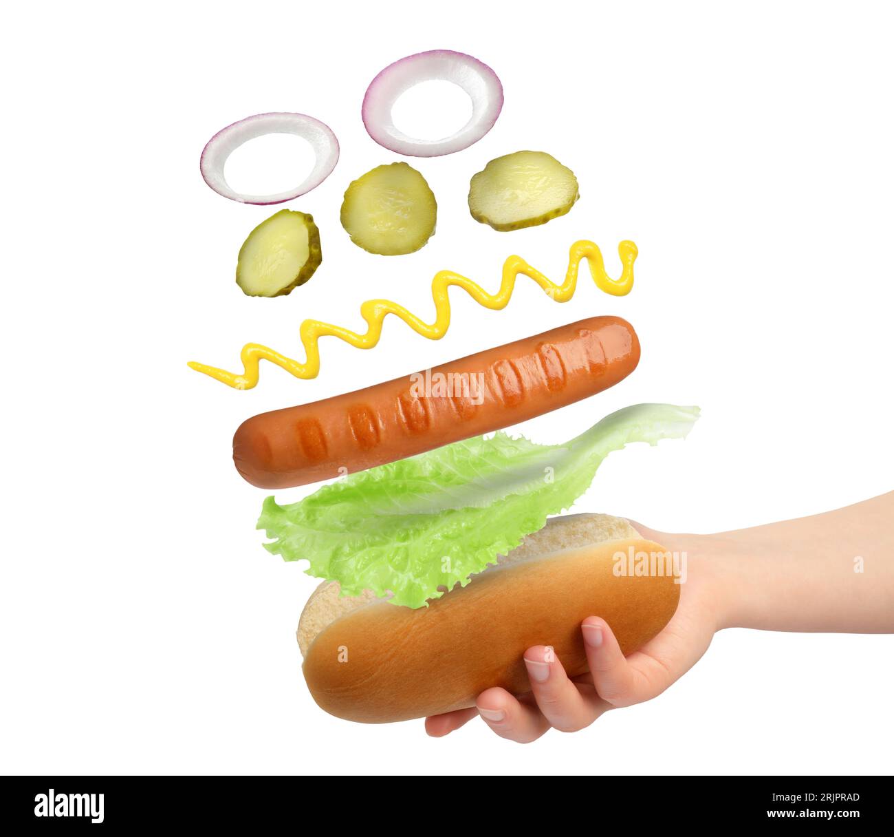 Woman making hot dog on white background, closeup. Ingredients ...