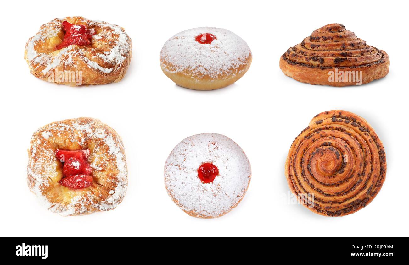Collage with different pastries isolated on white, top and side views ...
