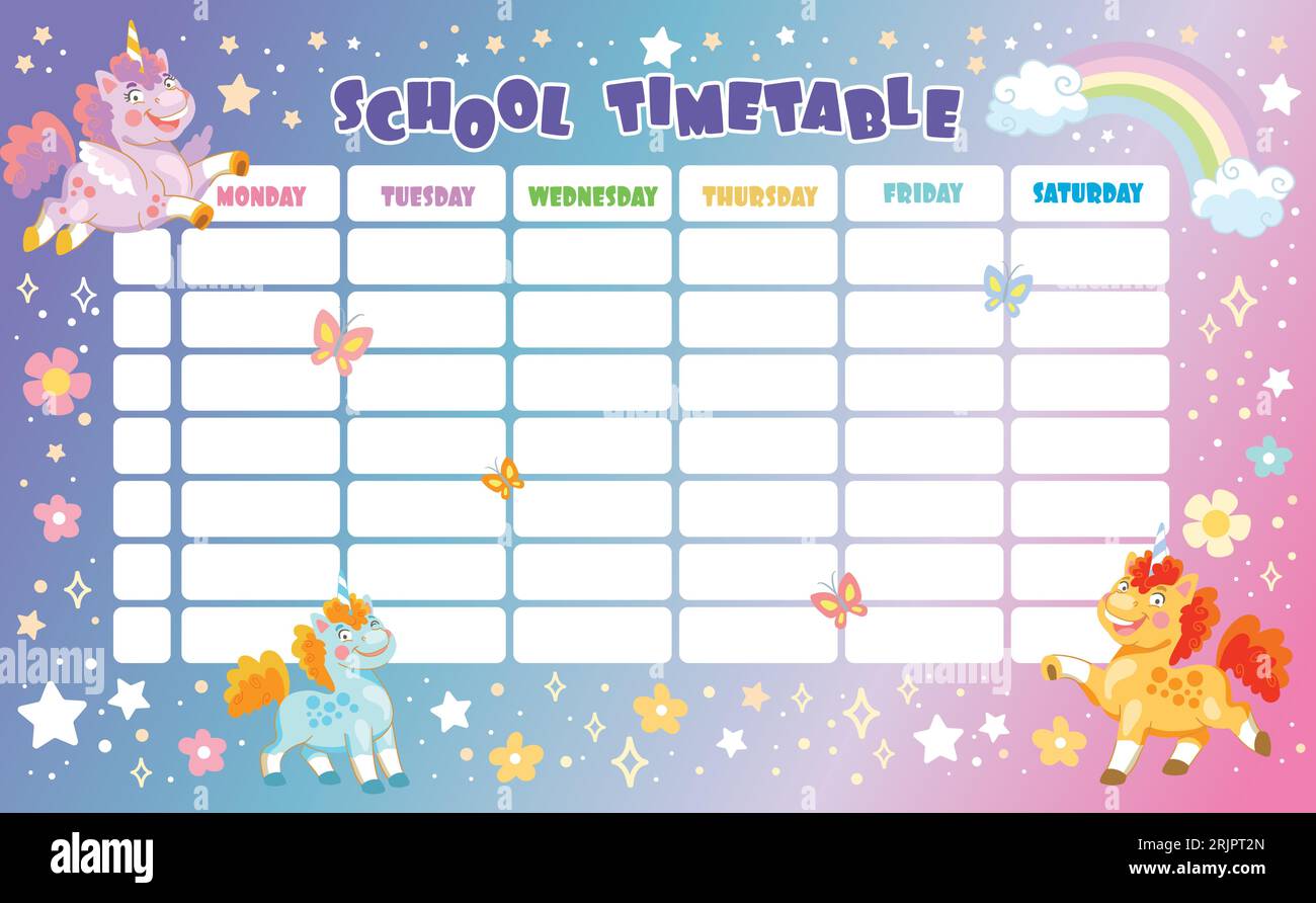 Weekly planner with cute happy unicorn, flowers and rainbow. Kids ...
