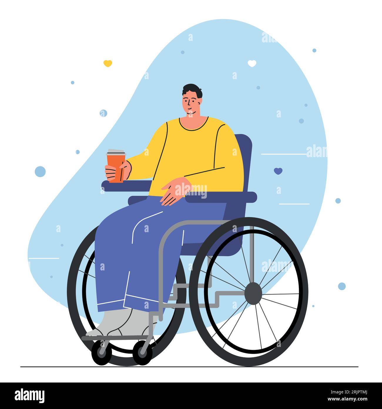 Smiling man sitting in wheelchair vector illustration. Flat character ...