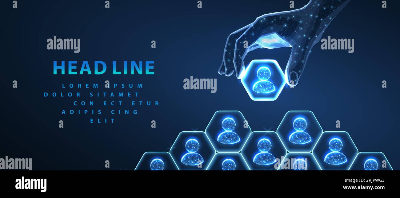 HR manage. Abstract 3d human hand hold leader icon in hexagon on top of people pyramid. Manage ...