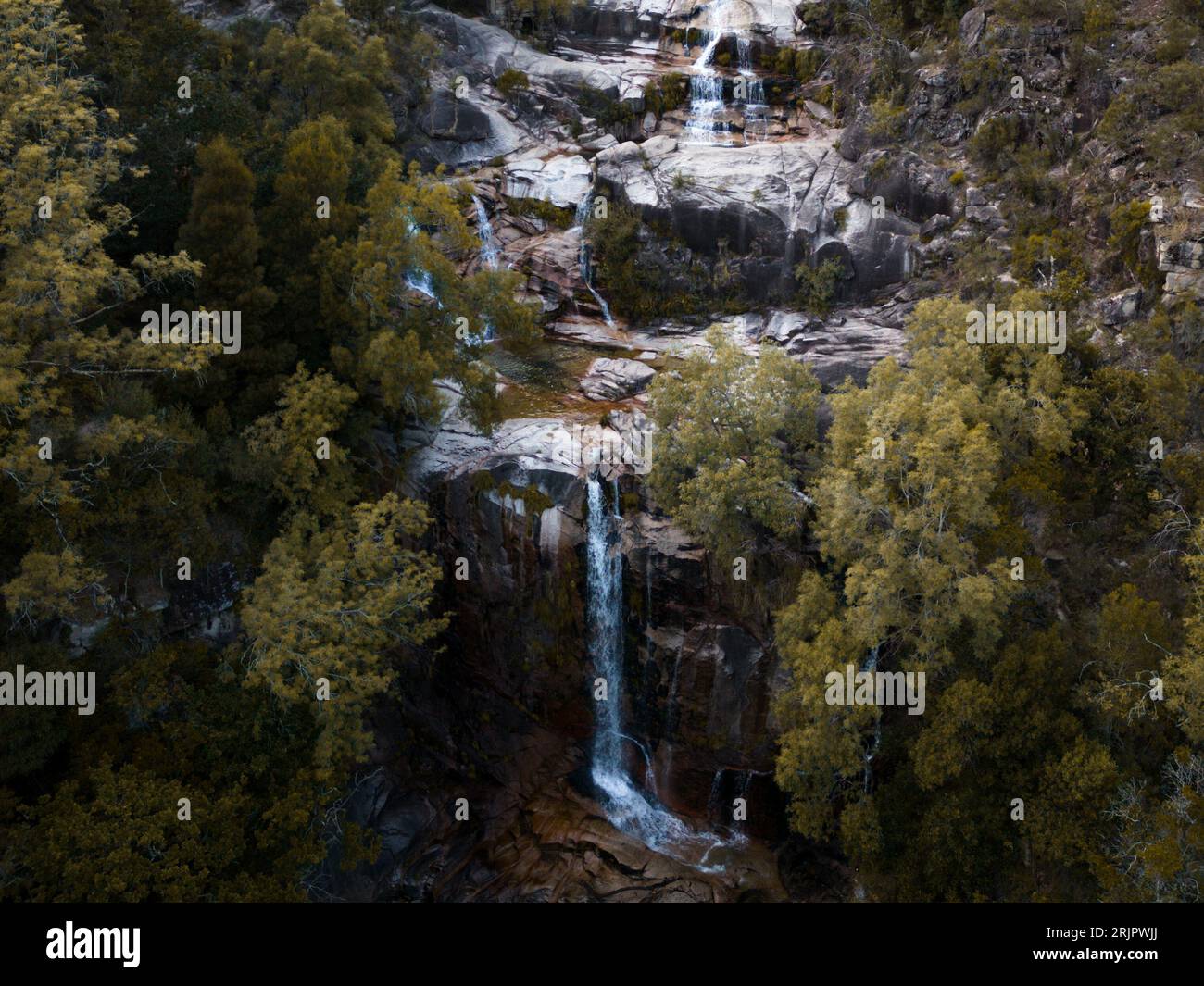 An aerial view of Tahiti Waterfall in Peneda-Geres National Park ...