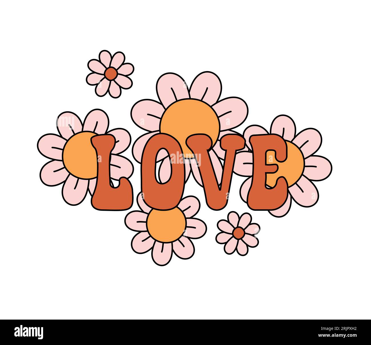 Vector retro groovy love lettering with flowers isolated on white ...