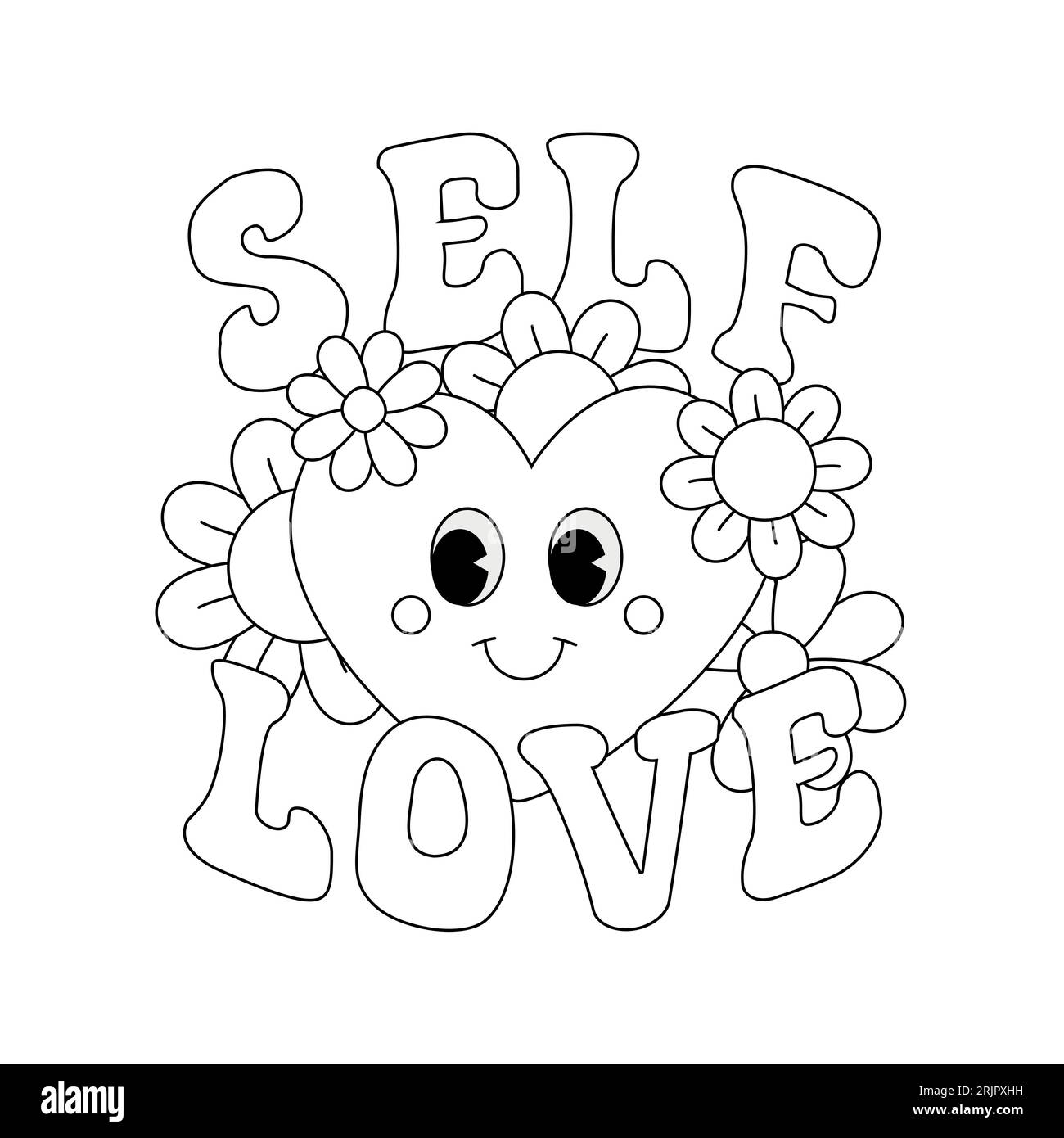 Vector retro groovy heart with self love lettering isolated on white ...